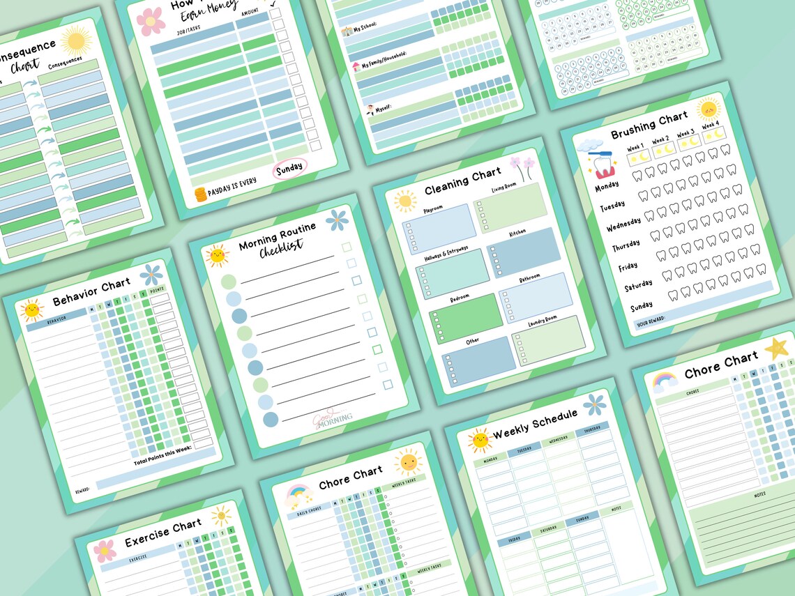 Printable Kids Chore Chart - Green - Etsy