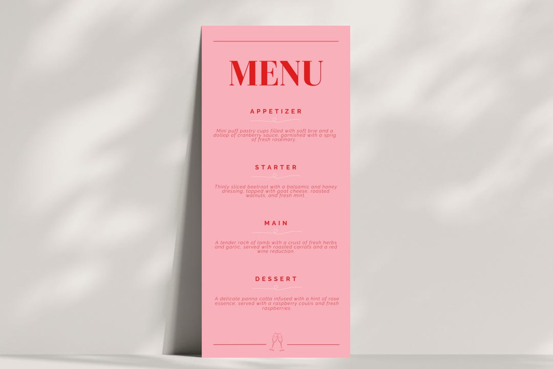 Elegant Pink Dinner Menu Printable Birthday Menu, Wedding Menu, and ...