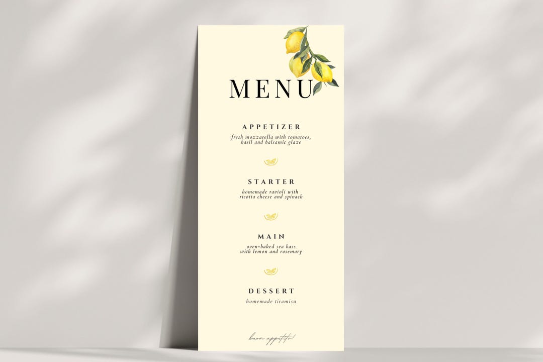 Lemon-themed Dinner Menu Printable Italian Menu Customizable Event ...