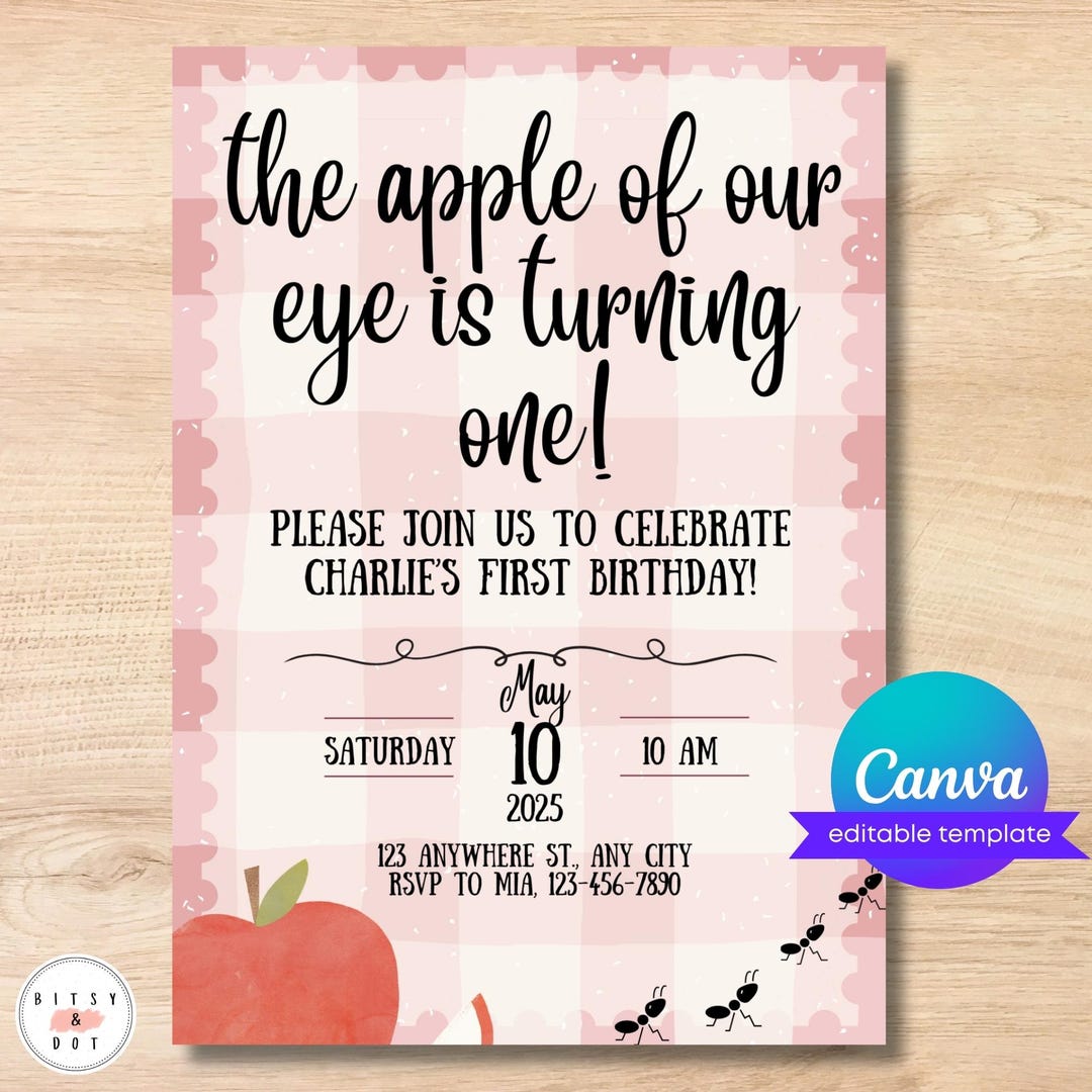 Editable Apple First Birthday Invitation Template - Sweet One 1st Bday ...