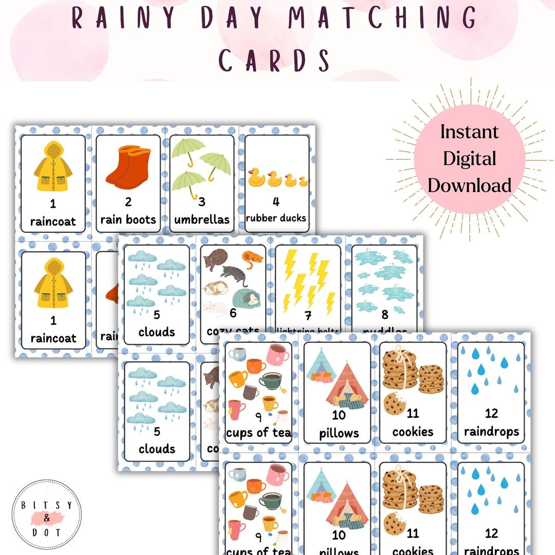 Rainy Day Memory Card Game for Toddlers, Kids - Set of 12 Printable ...