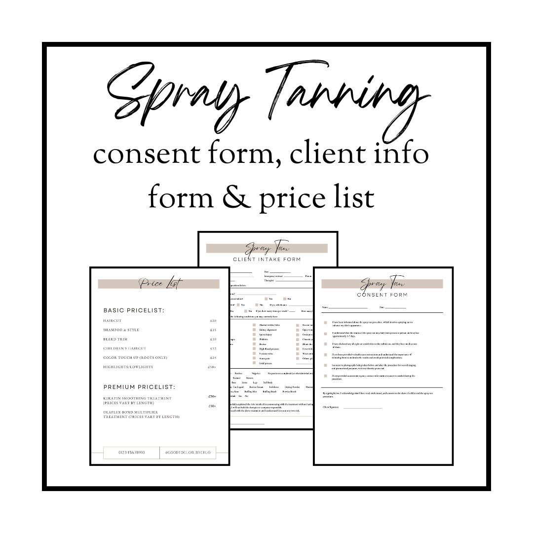 Printable Spray Tanning Consent Form, Client Info Form, and Price List ...