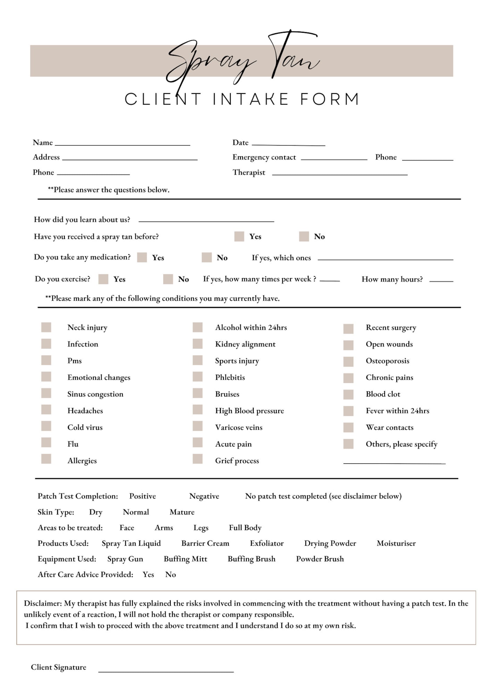 Printable Spray Tanning Consent Form, Client Info Form, and Price List ...