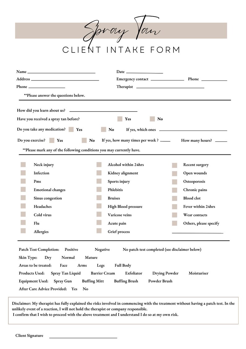 Printable Spray Tanning Consent Form, Client Info Form, and Price List ...