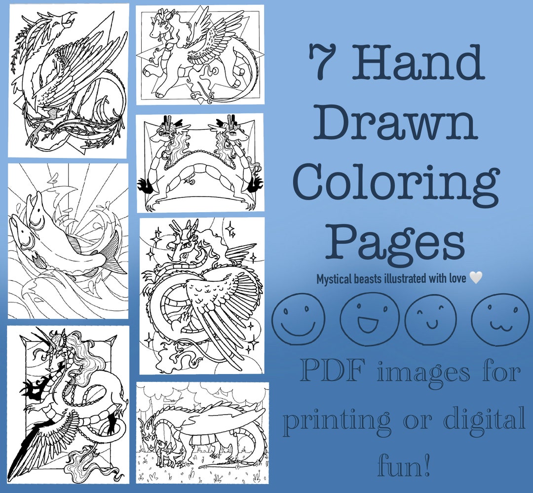 7 PDF Coloring Pages -mystical Beasts Pack - Etsy