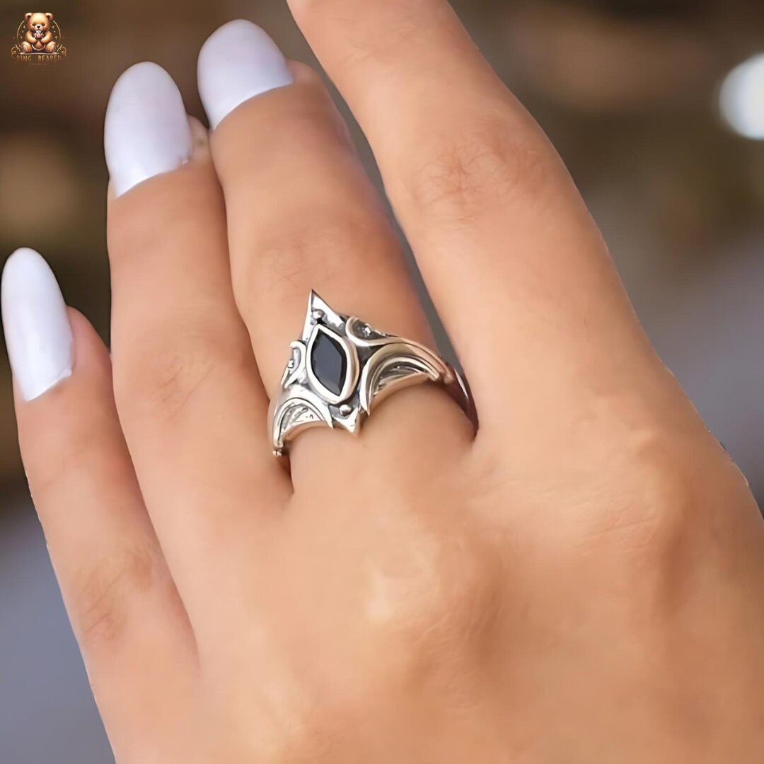Gothic Marquise Black Onyx Ring Silver-toned Metal Intricate Vintage ...