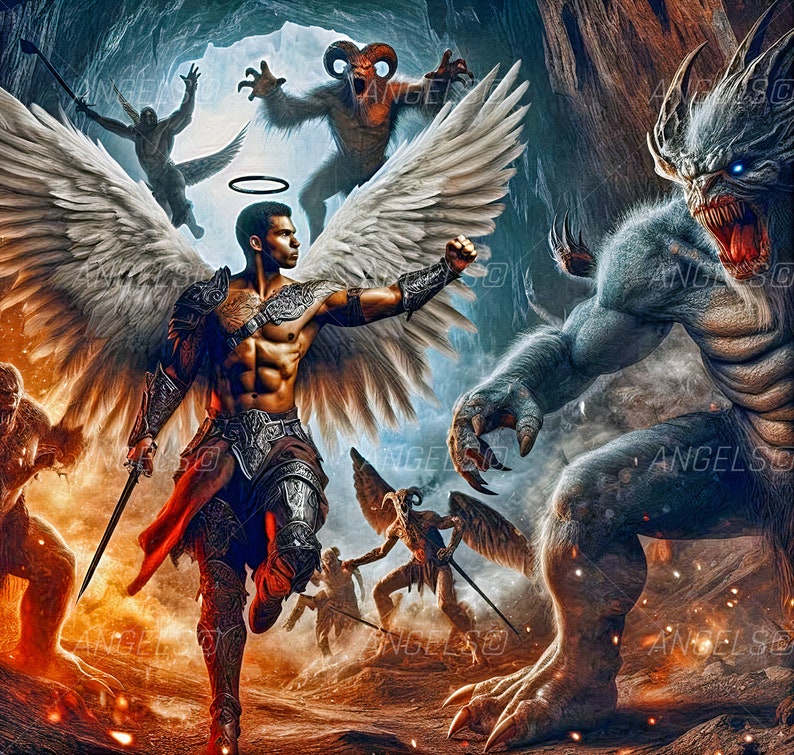Angels Archangels Warriors Fighting Monsters Wall Art Wallpaper Digital ...