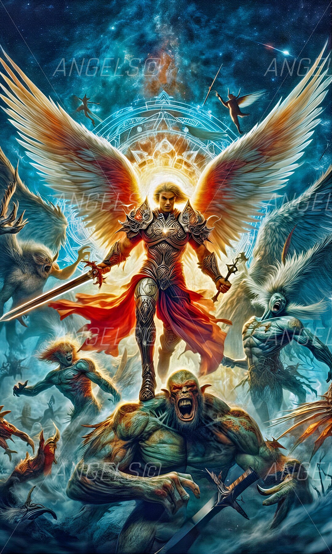 Angels Archangels Warriors Fighting Monsters Wall Art Wallpaper Digital ...