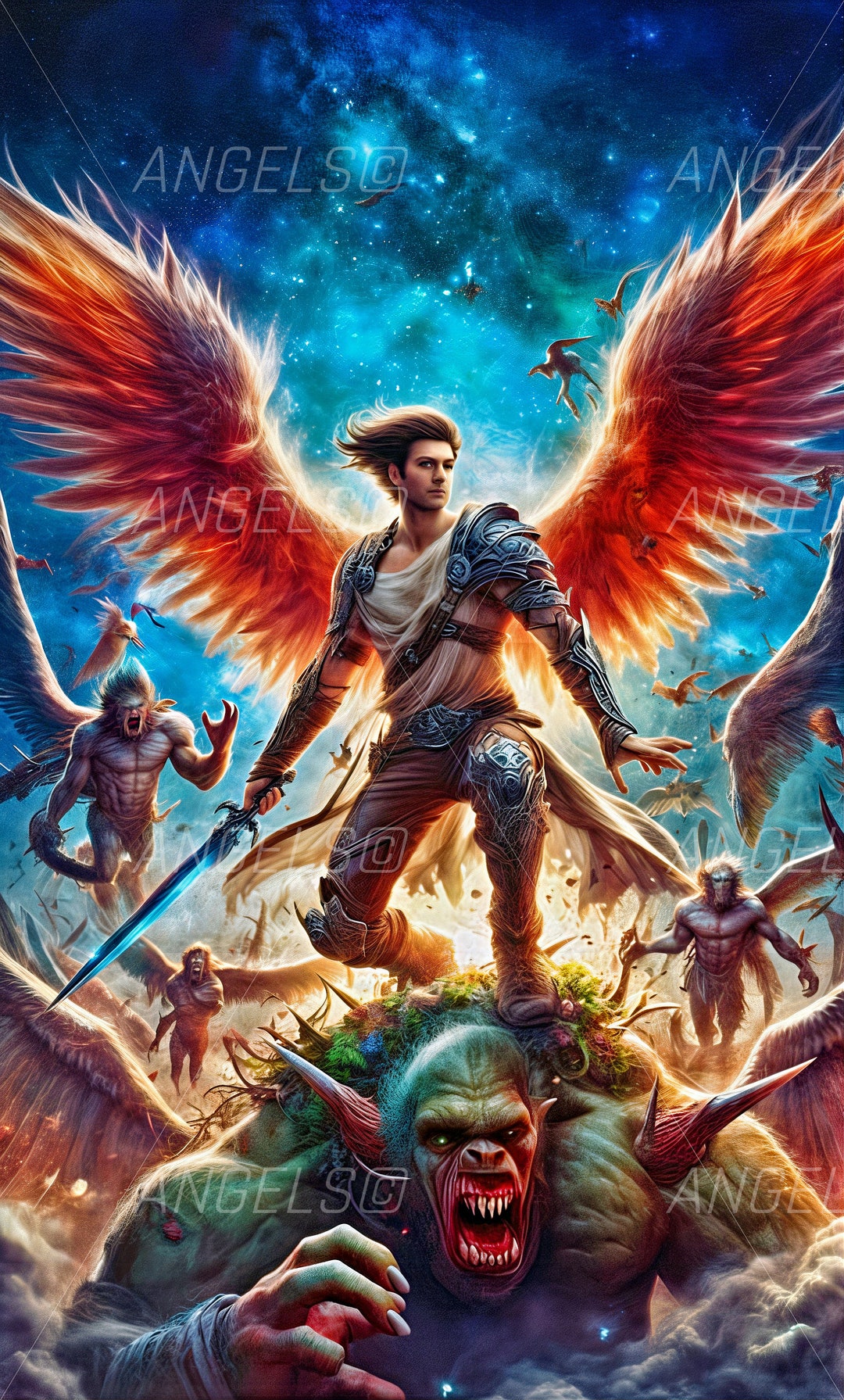 Angels Archangels Warriors Fighting Monsters Wall Art Wallpaper Digital ...