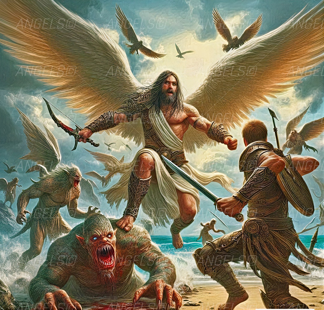 Angels Archangels Warriors Fighting Monsters Wall Art Wallpaper Digital ...