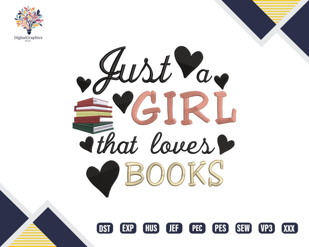 Cute Reading Quotes Embroidery, Embroidered Girls, A Girl Loves Books ...