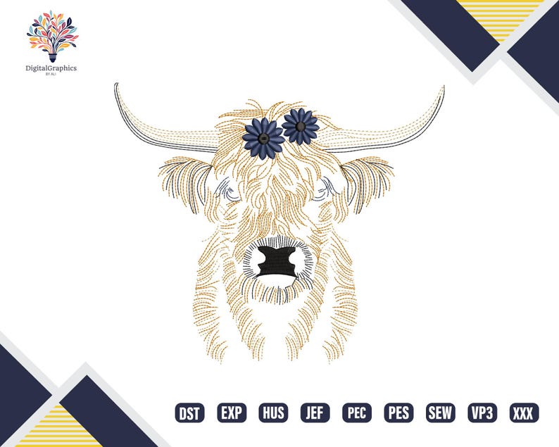 Highland Scottish Cow Embroidery Designs, Floral Cow Machine Embroidery ...