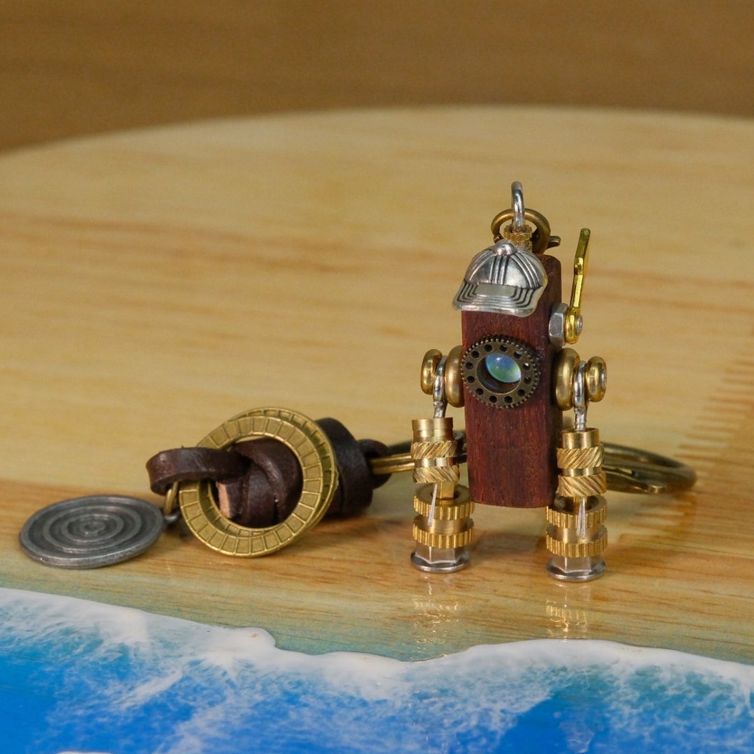 Steampunk Wooden Robot Keychain With Knitted Hand Grip - Handmade Gift ...