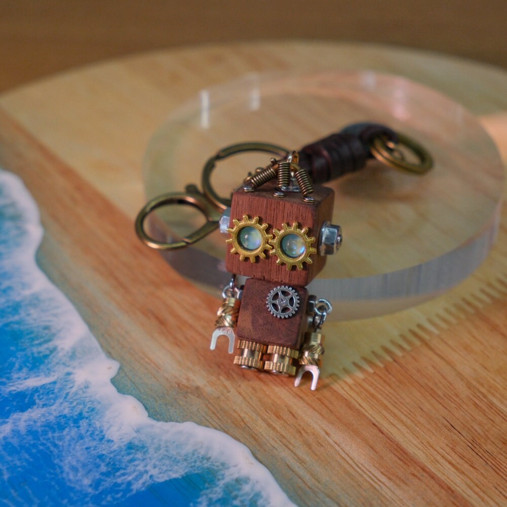 Handmade Steampunk Robot Keychain | Unique Wooden Keyring | Creative ...