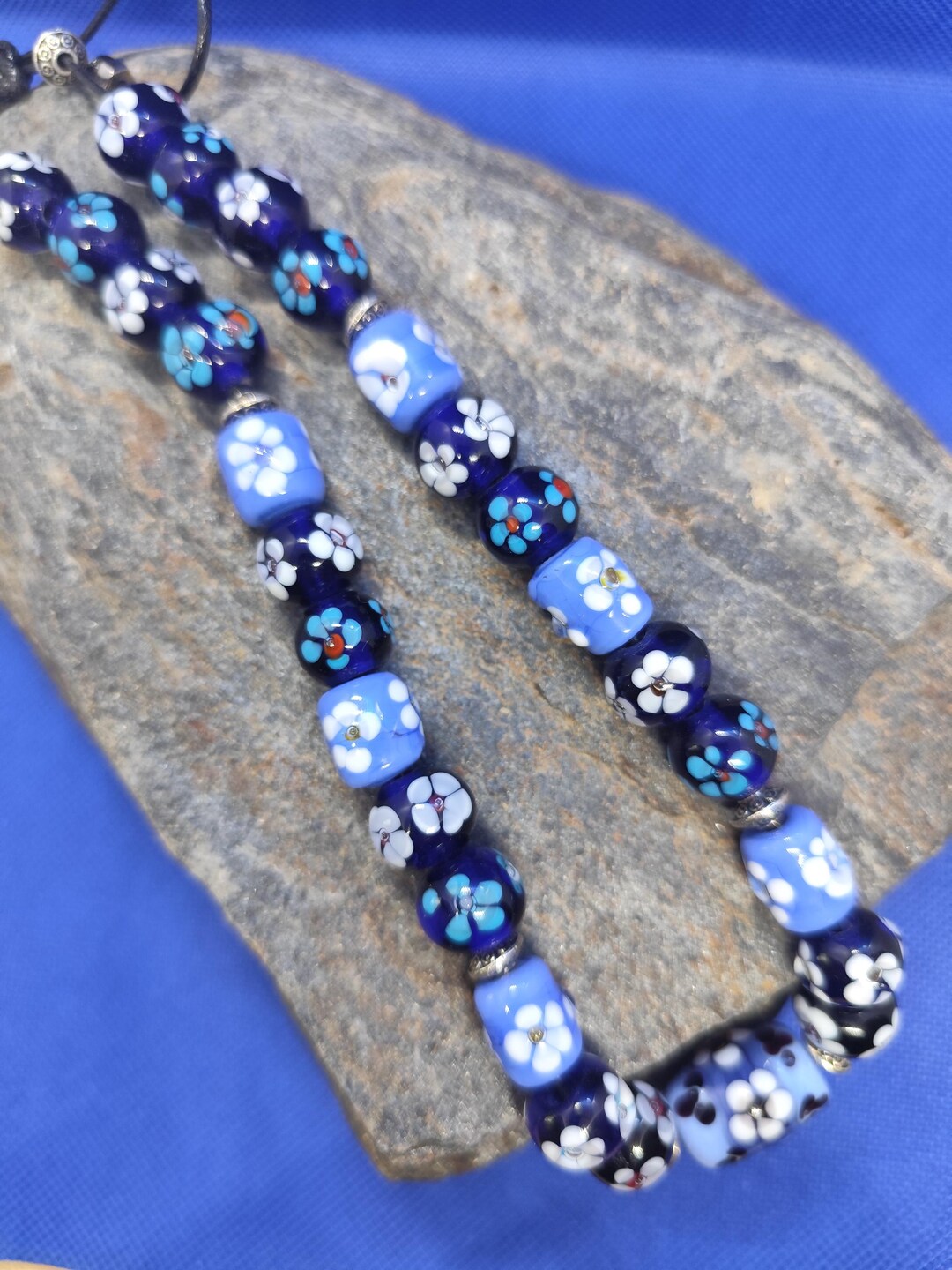 Murano Glass Necklace With Mixed Forms and Floral Patterns in Blue ...