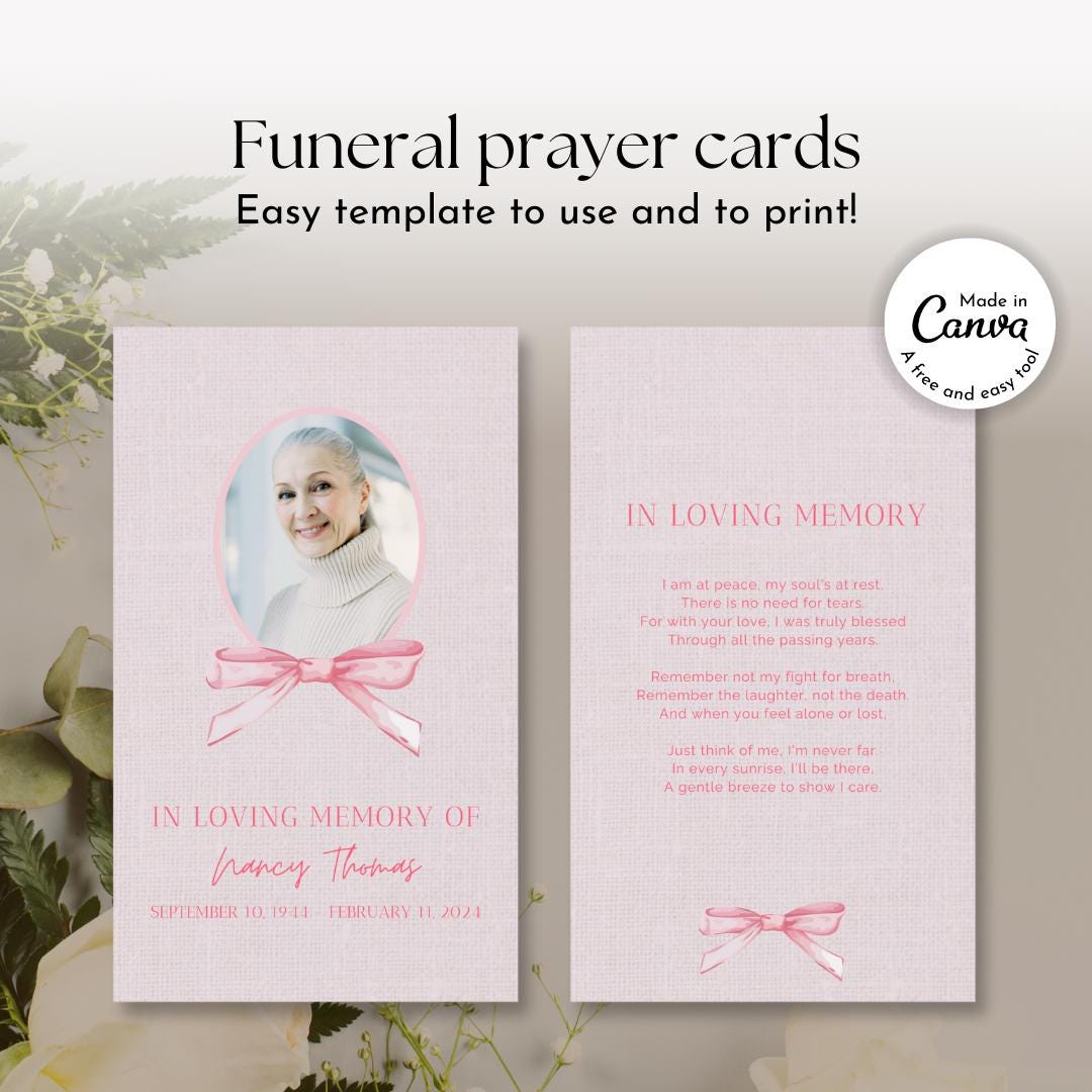 Heavenly Funeral Program, Canva Template Editable, Pink Bow Ribbon ...