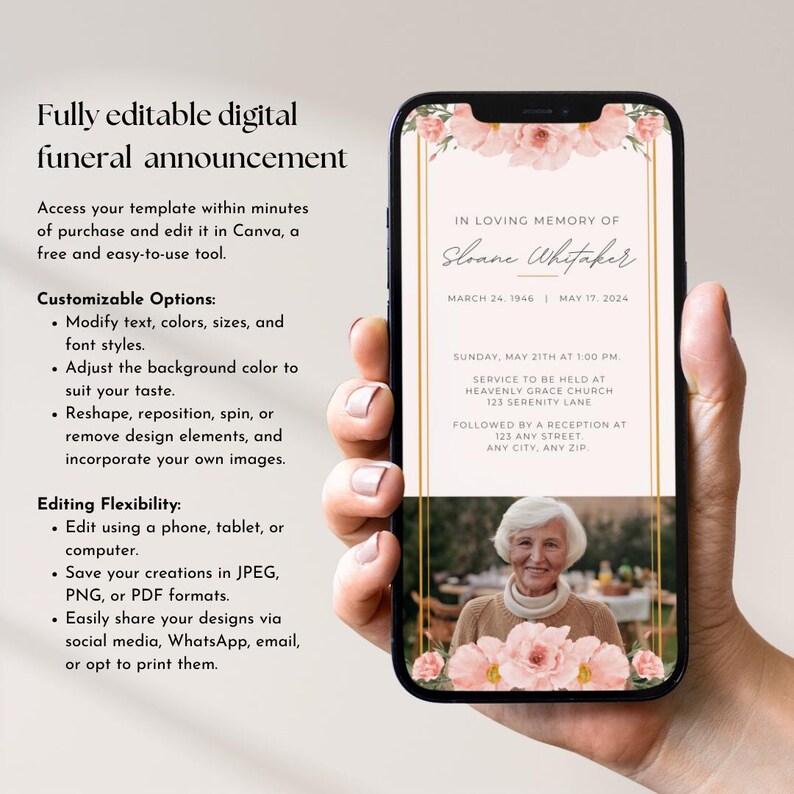Digital Funeral Announcement, Editable Funeral Invitation Canva ...
