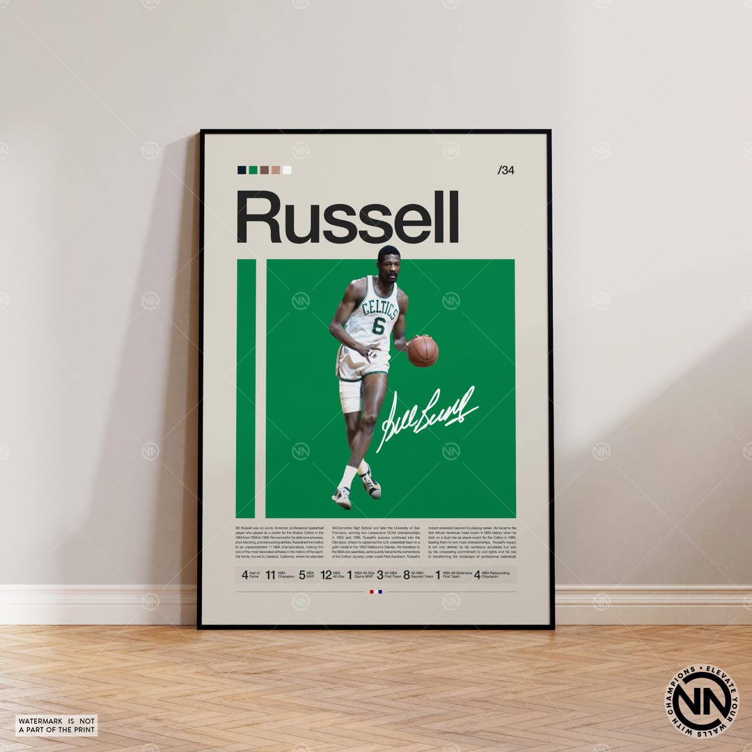 Bill Russell Poster, Boston Celtics Poster, NBA Poster, Sports Poster ...