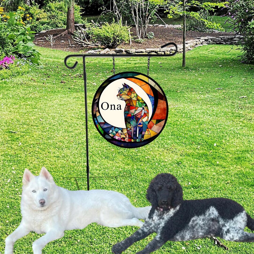 Cat Garden Flag, FAUX Cat Stained Glass Garden Decor, Personalized Cat ...