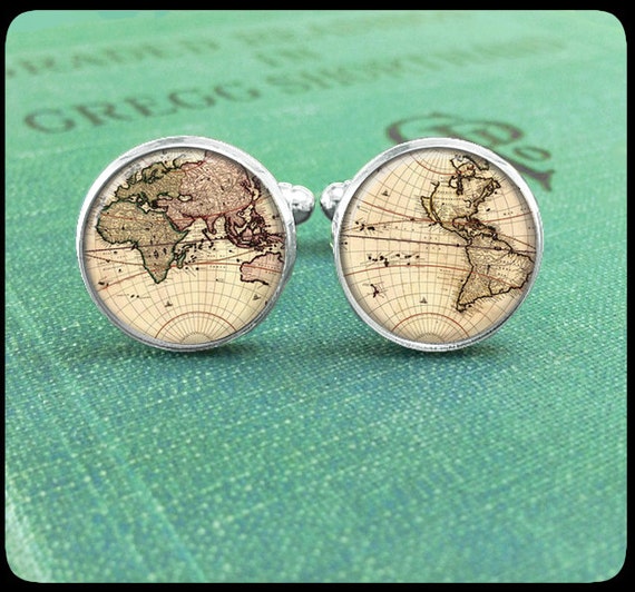 World Map Cufflinks Map Cuff Links Globe Cufflinks | Etsy