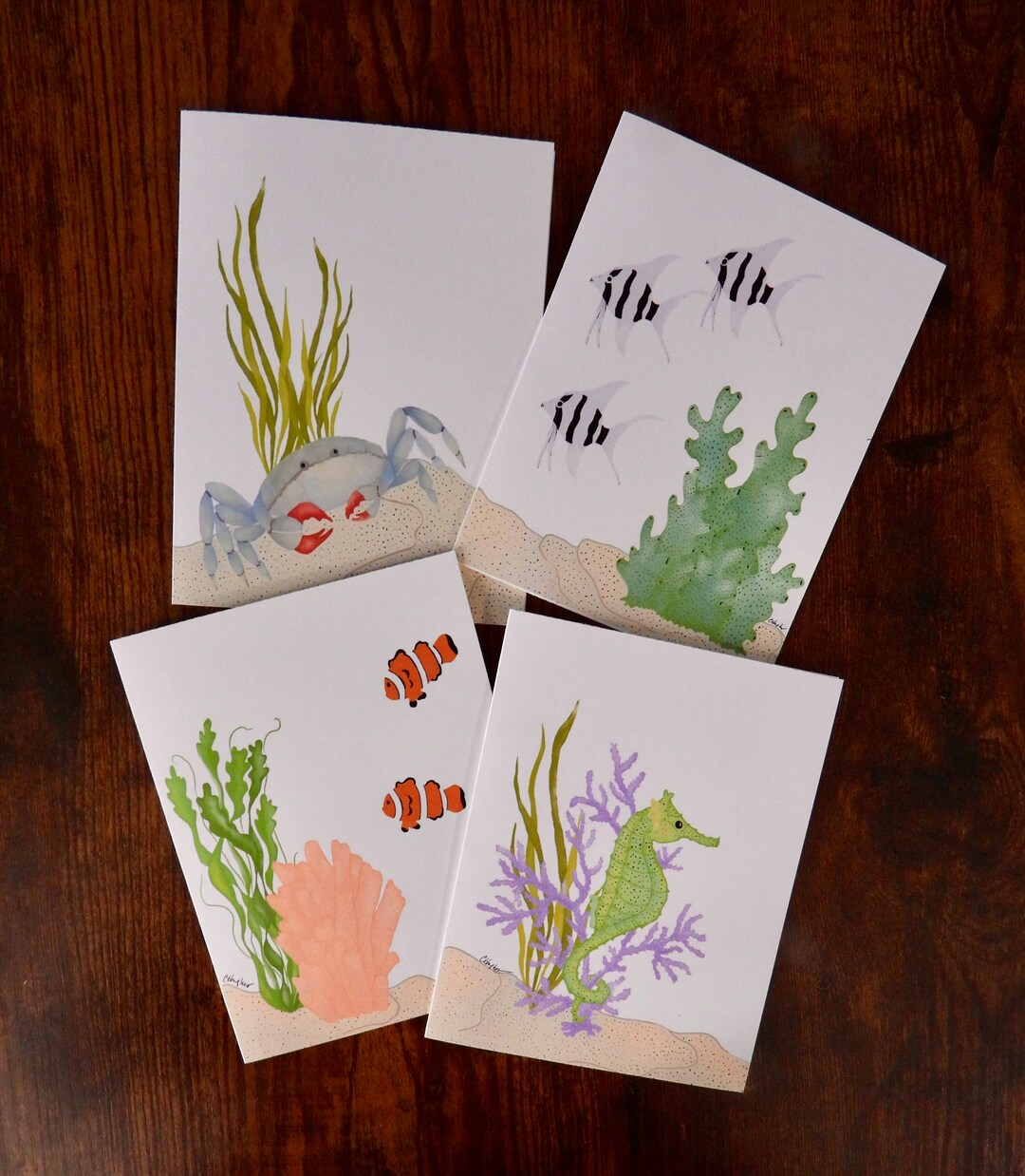 Sea Life Notecard Set Seahorse, Crab, Fish and Coral Set of 8 Blank ...