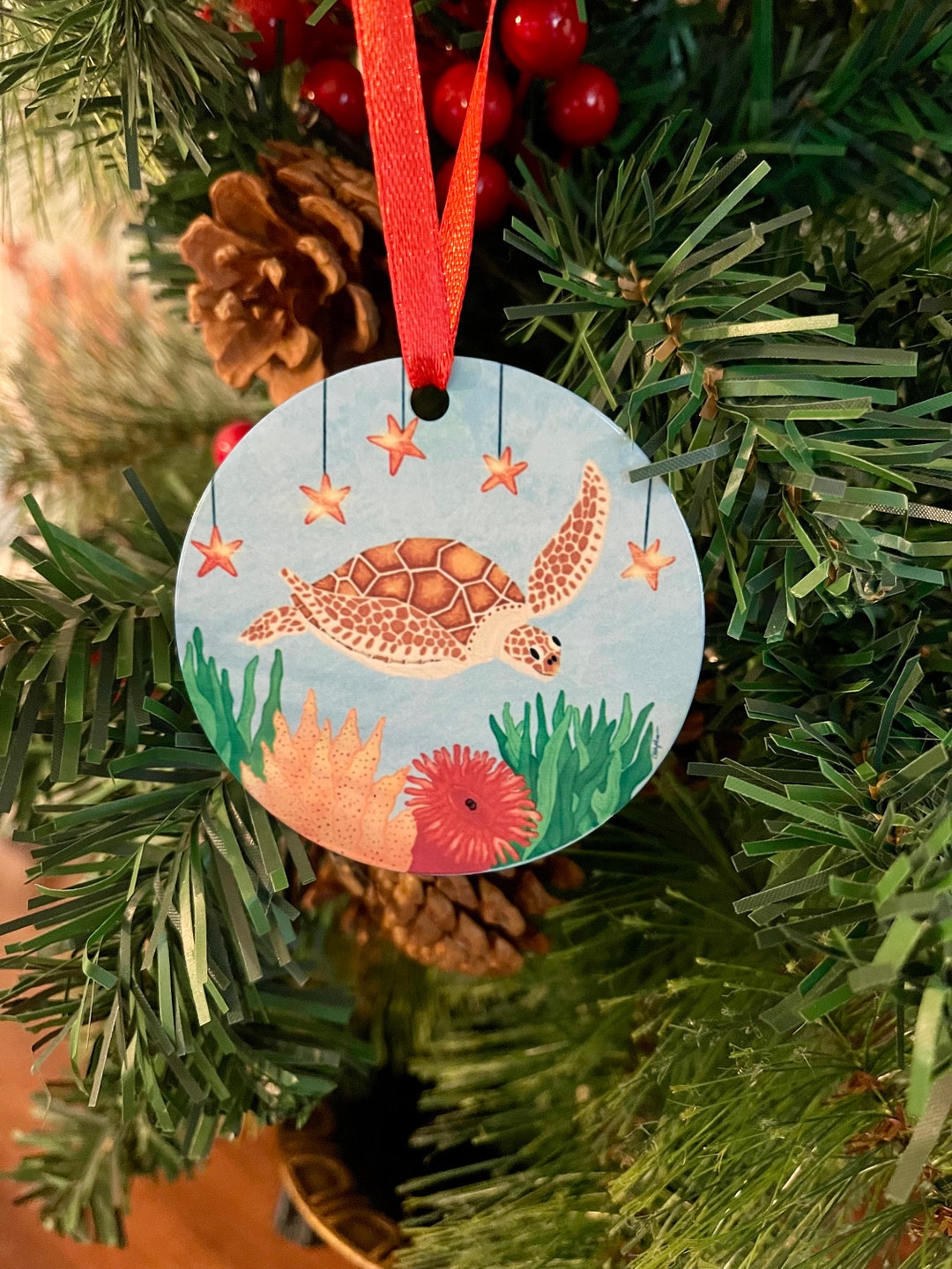 Sea Turtle Christmas Ornament | Original Art | Lightweight Metal ...