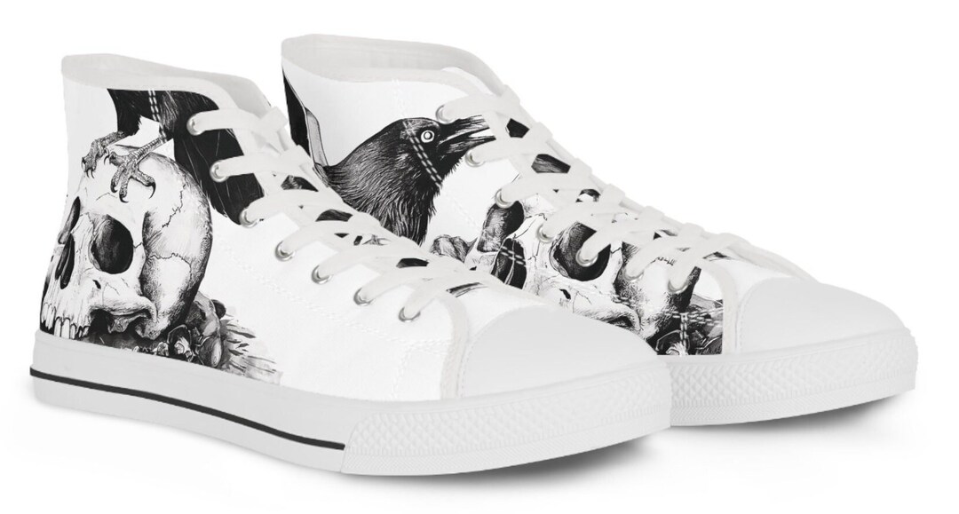 Black and White Crow on Skull High Top Men's Sneakers, Gothic Custom ...