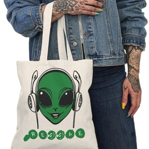 California Cryptids Natural Tote Bag, Reggae Alien, Green Alien ...
