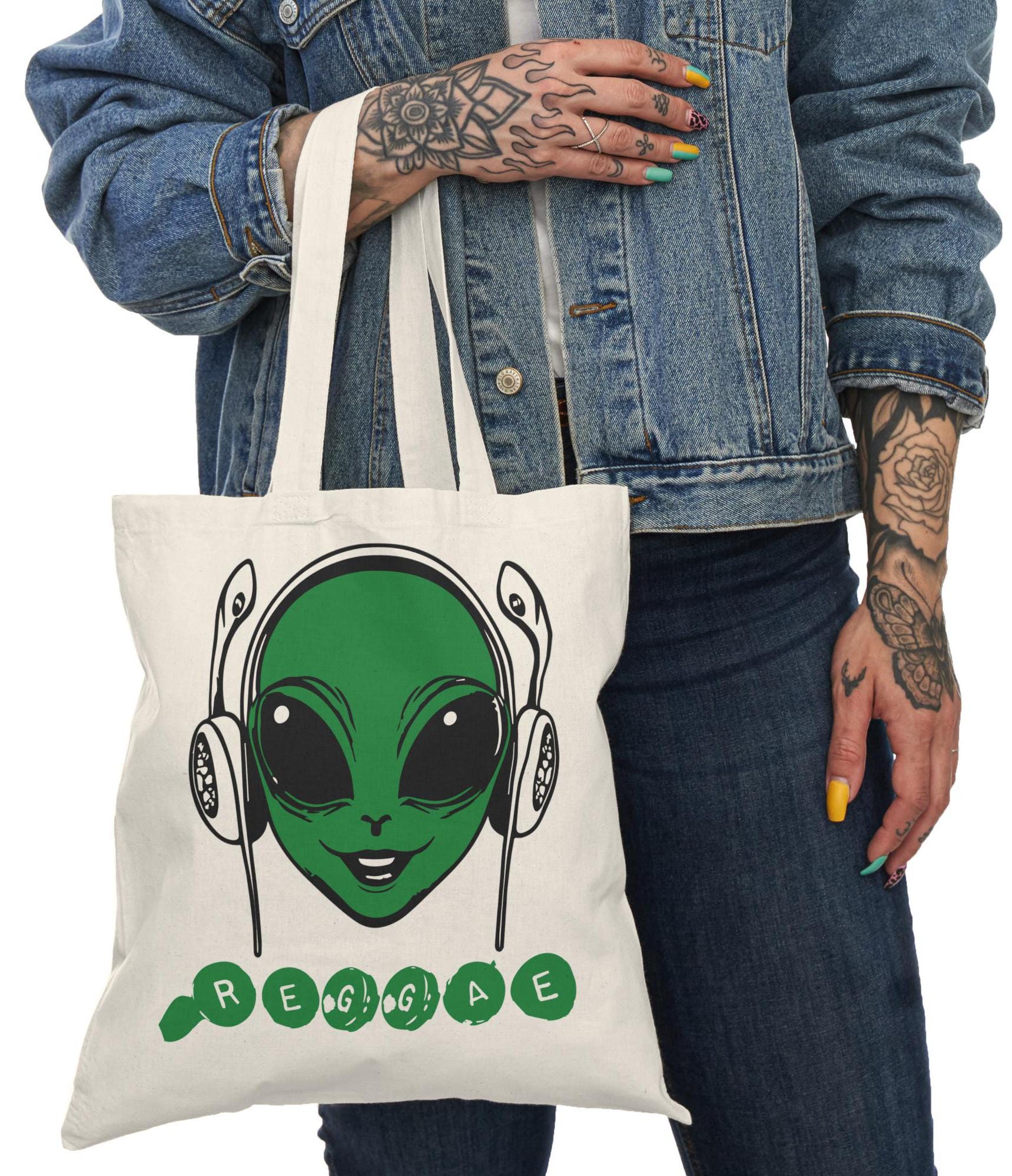California Cryptids Natural Tote Bag, Reggae Alien, Green Alien ...