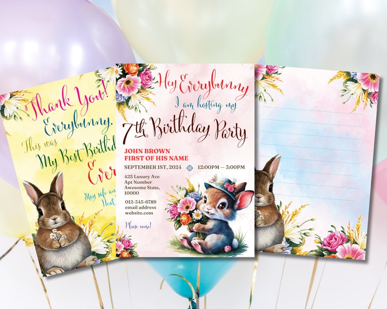 7th Birthday Digital Printable Birthday Invitation, Smiling Bunny ...