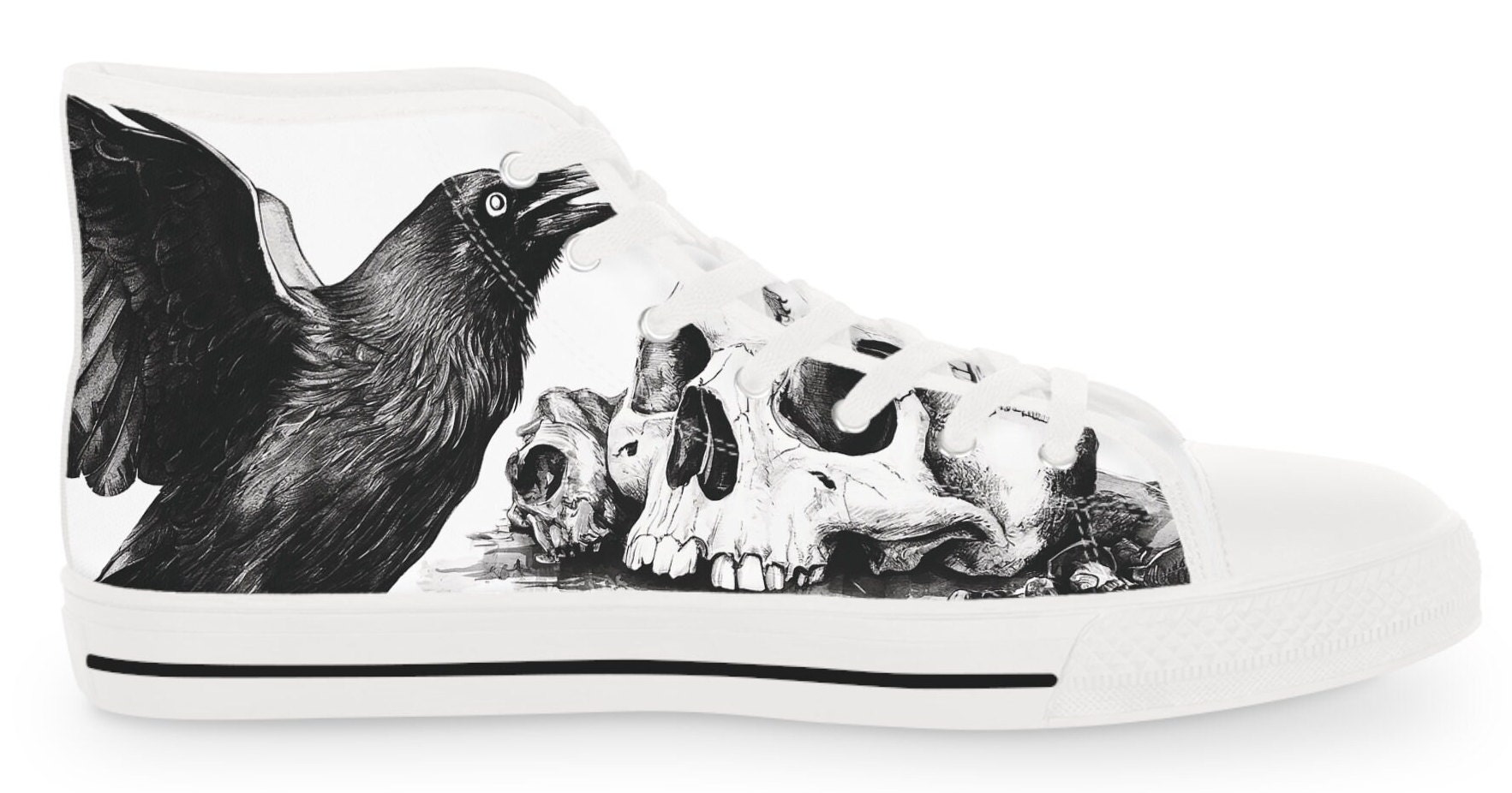 Black and White Crow on Skull High Top Men's Sneakers, Gothic Custom ...