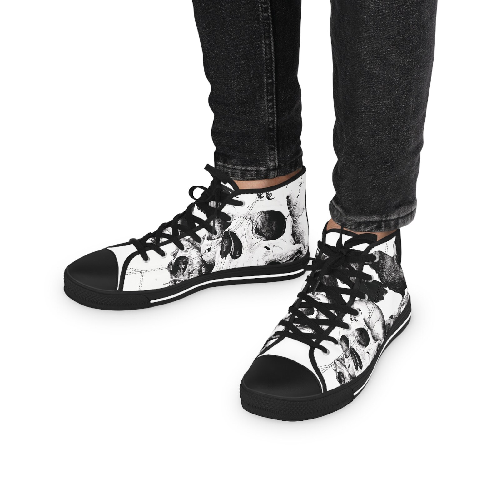 Black and White Crow on Skull High Top Men's Sneakers, Gothic Custom ...