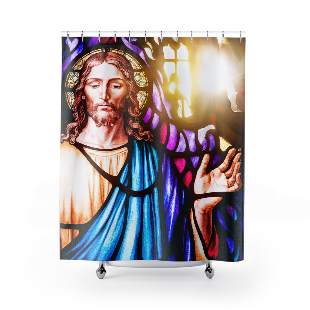 Stained Glass Shower Curtain With Christ Image, Religious Bathroom ...