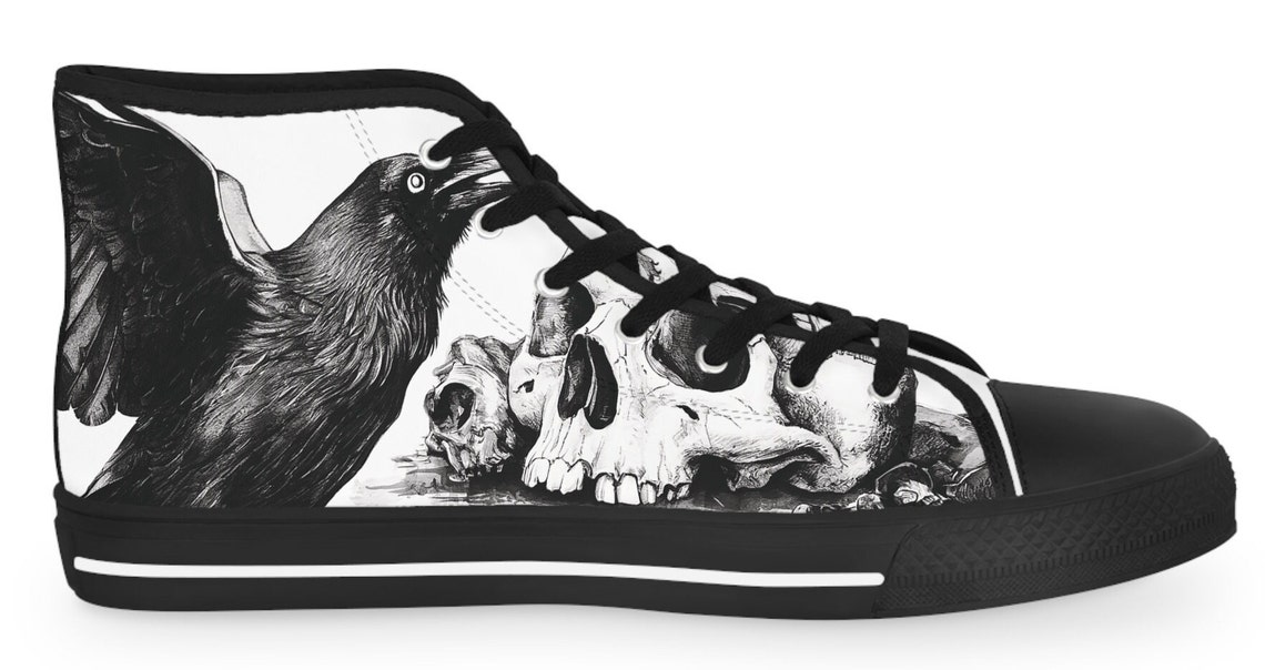 Black and White Crow on Skull High Top Men's Sneakers, Gothic Custom ...
