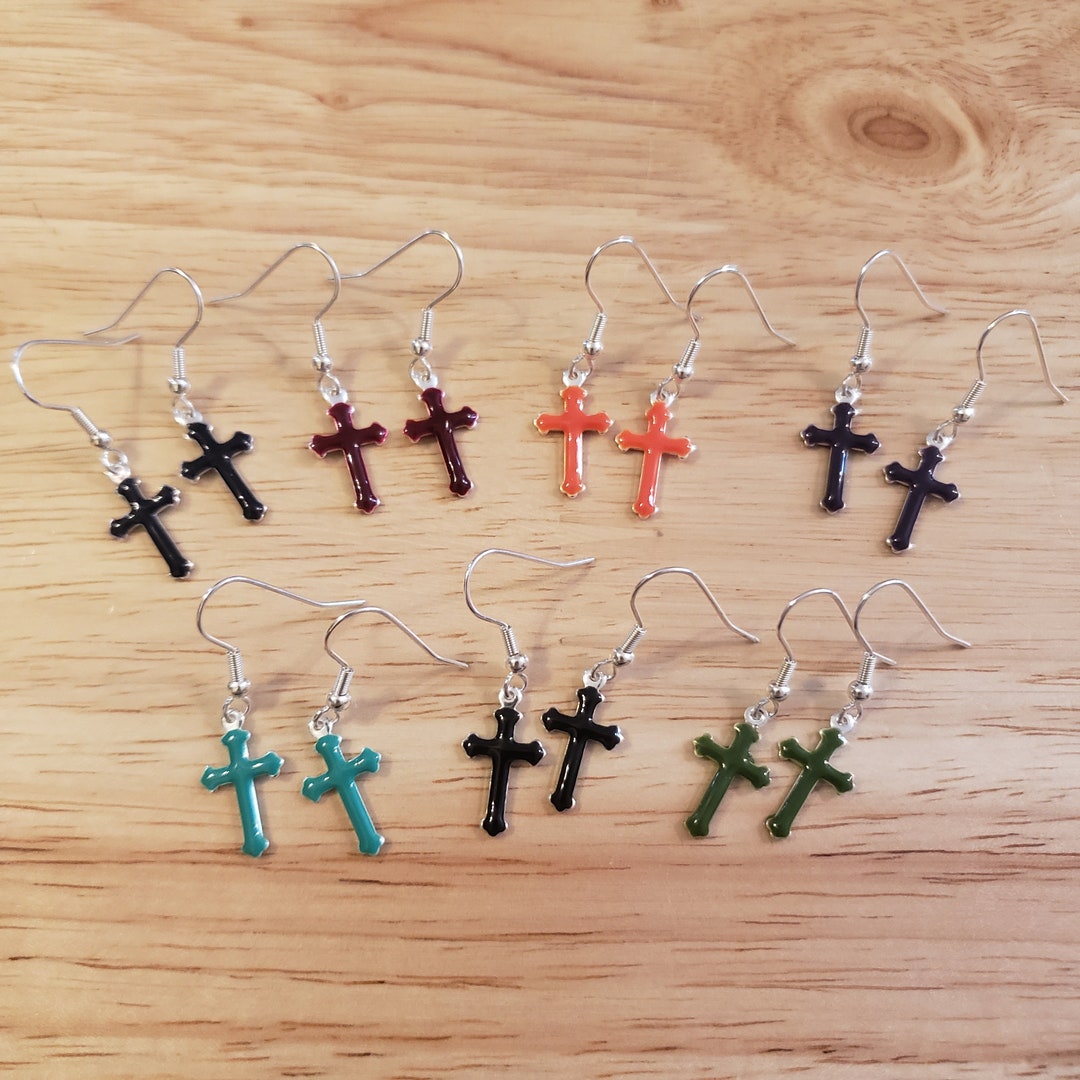 One Pair of Handmade Enamel Cross Earrings Silver Plated Brass Crosses ...