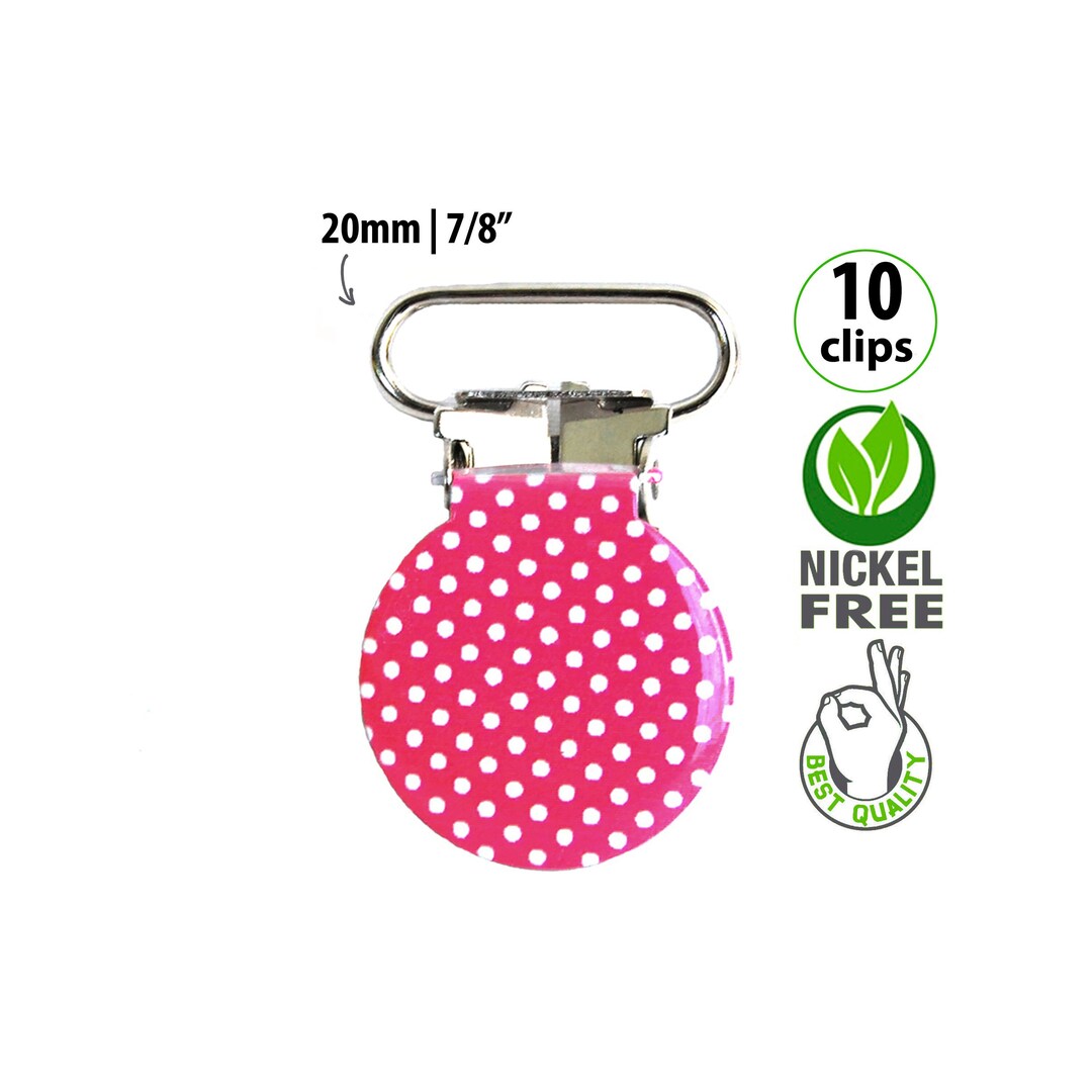 10 Hot Pink Polka Dot Pacifier Clips for Girls, Metal Dummy Clips 7/8 ...