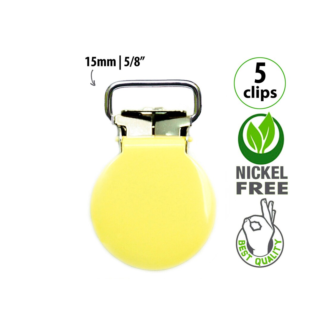 5 Yellow Metal Pacifier Clips, Paci Clips 5/8", Round Suspender Clip ...