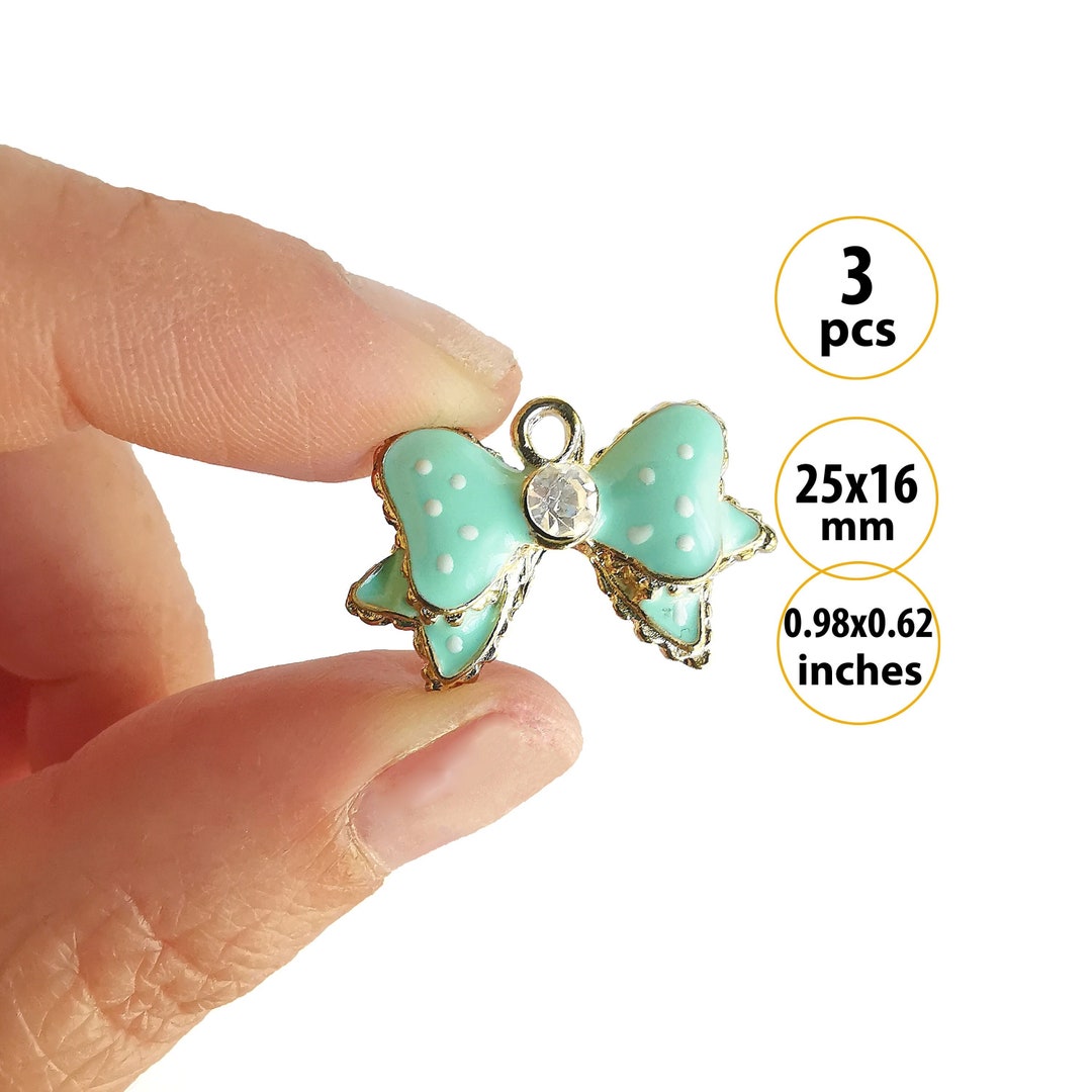 3 Mint Enamel Bow Charm, Small Gold Bow Knot Charms, Ribbon Bow ...