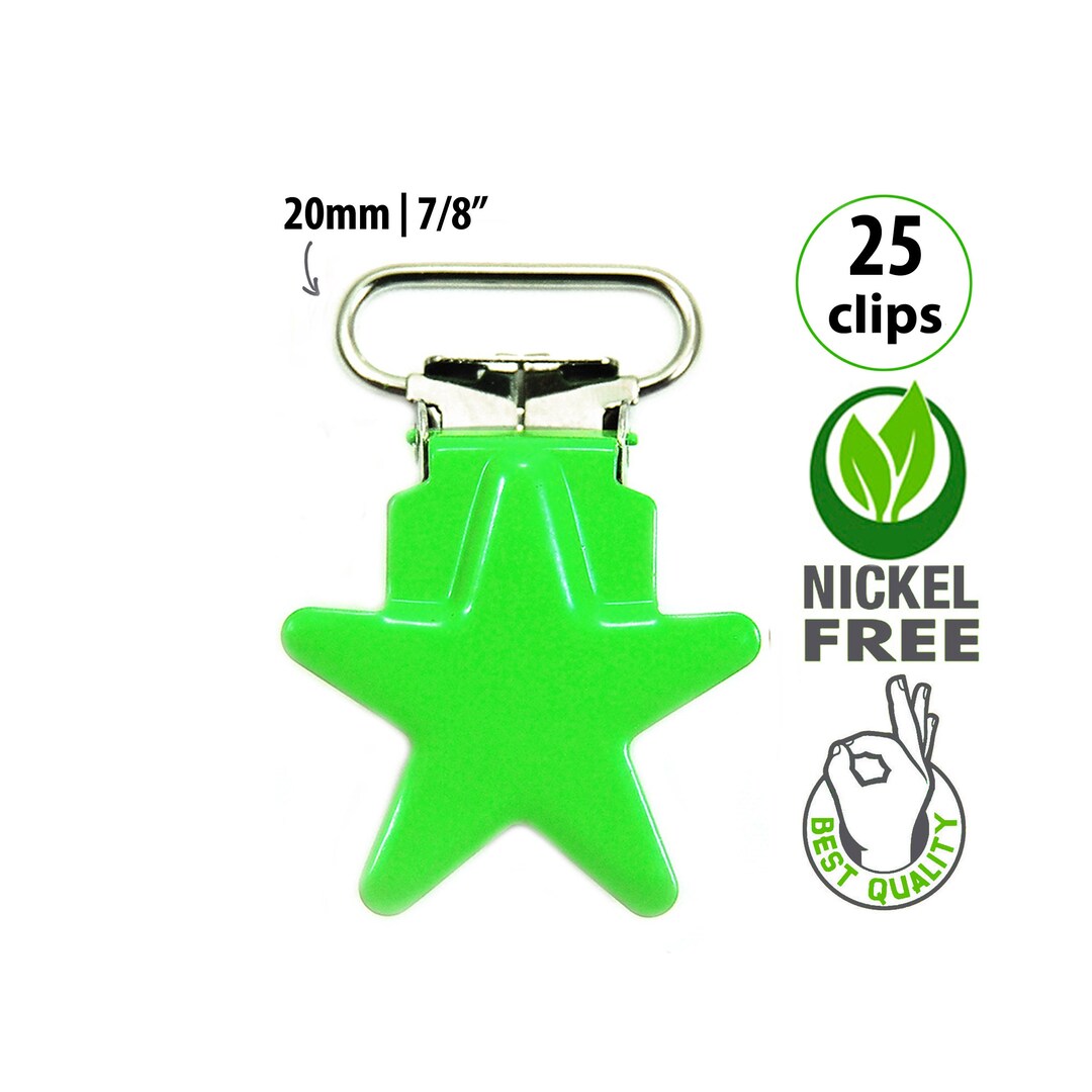 25 BULK Green Star Pacifier Clips, 7/8" Suspender Clips Hardware, Metal ...
