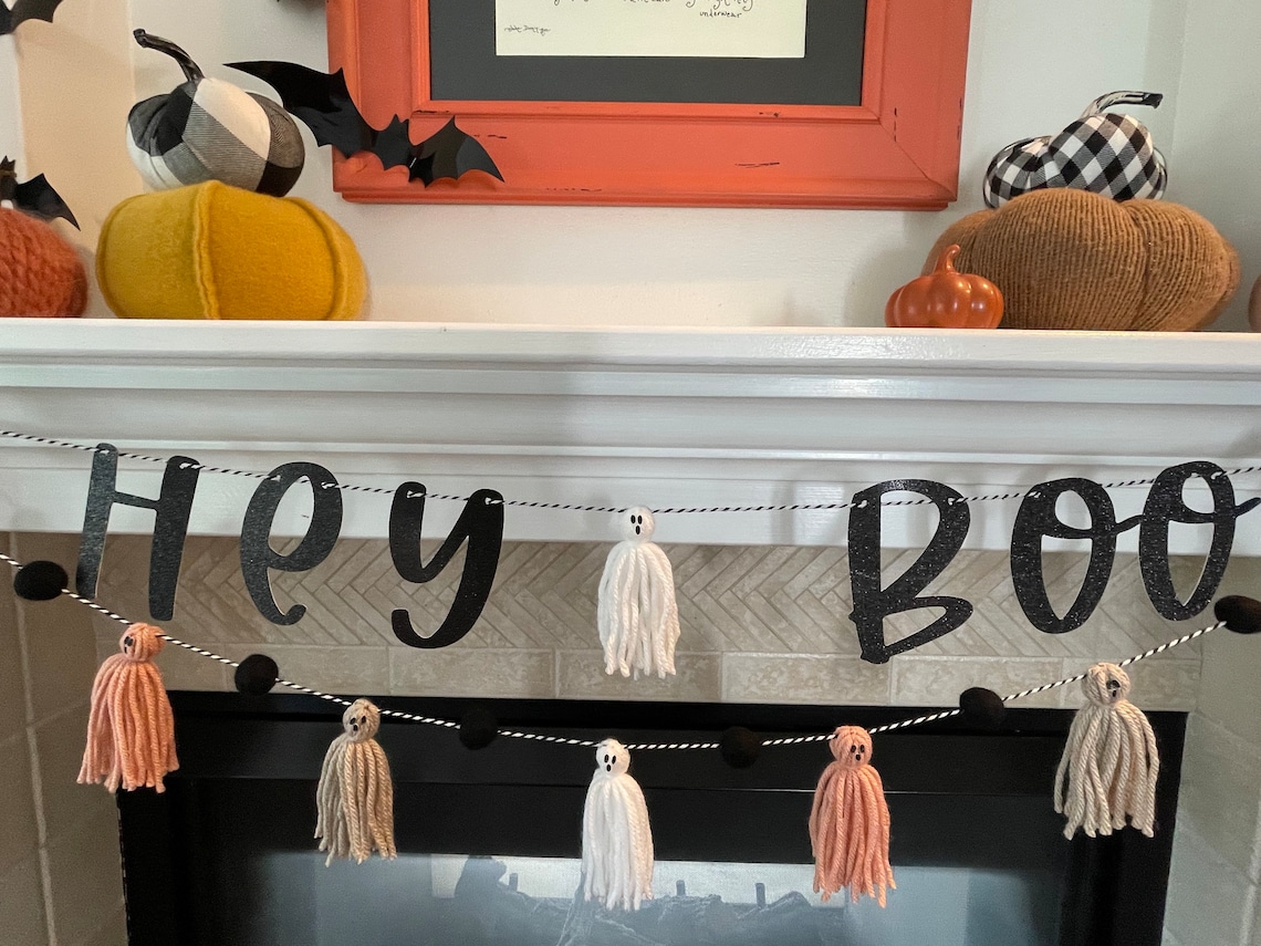 Hey Boo Garland With Yarn Ghost Halloween Garland - Etsy