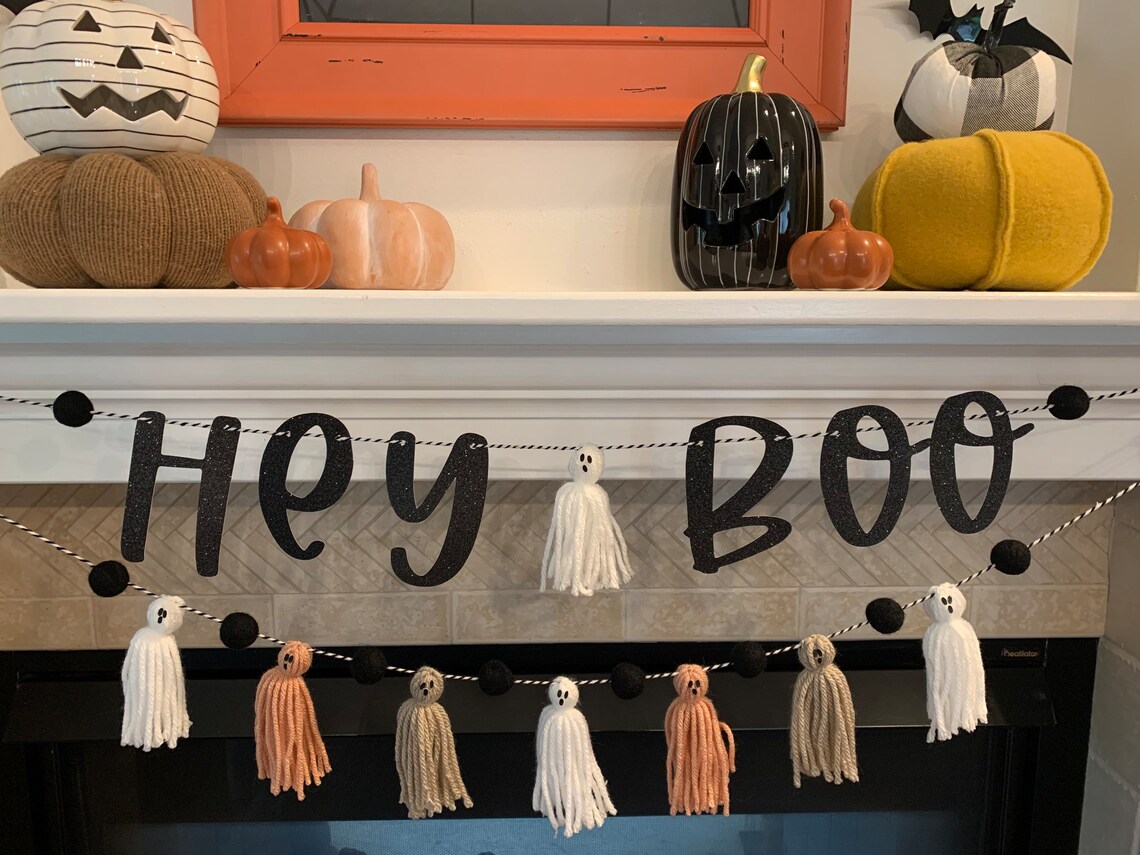 Hey Boo Garland With Yarn Ghost Halloween Garland - Etsy