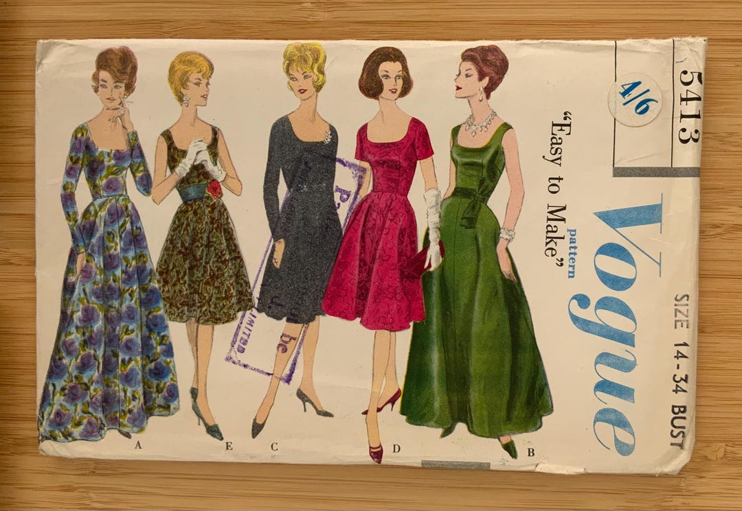 1960s Dress Sewing Pattern – Vogue 5413 – Size 14 Bust 34” – One Piece ...