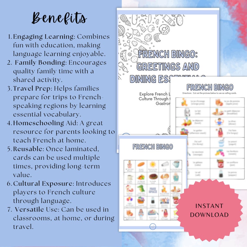 Printable French Bingo Game, Kids & Adults Learning French Greetings ...