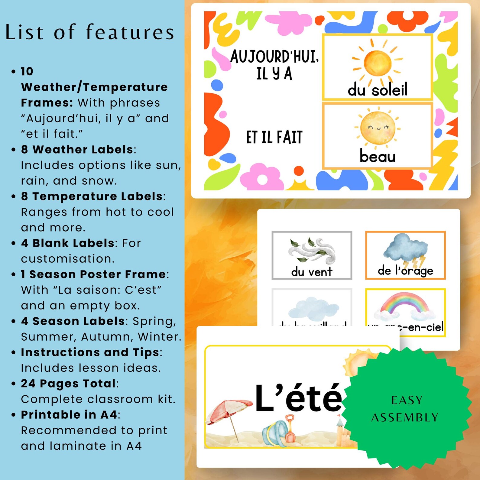 Customisable French Weather & Seasons Chart for Kids Interactive ...