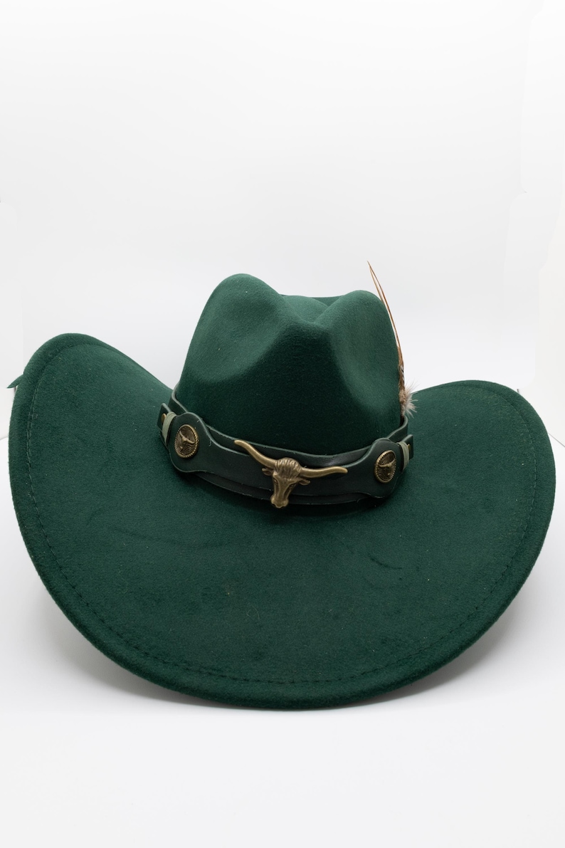 Dark Hunter Green Cowboy Hat – Western Felt Hat With Longhorn Bull ...