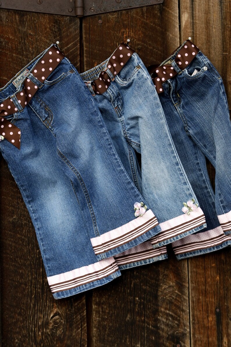 Girls Denim Jeans With Polka Dots & Flowers - Etsy