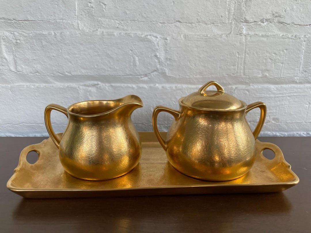 Vintage Pickard China Solid Gold Flower Patterned Sugar Bowl, Creamer ...