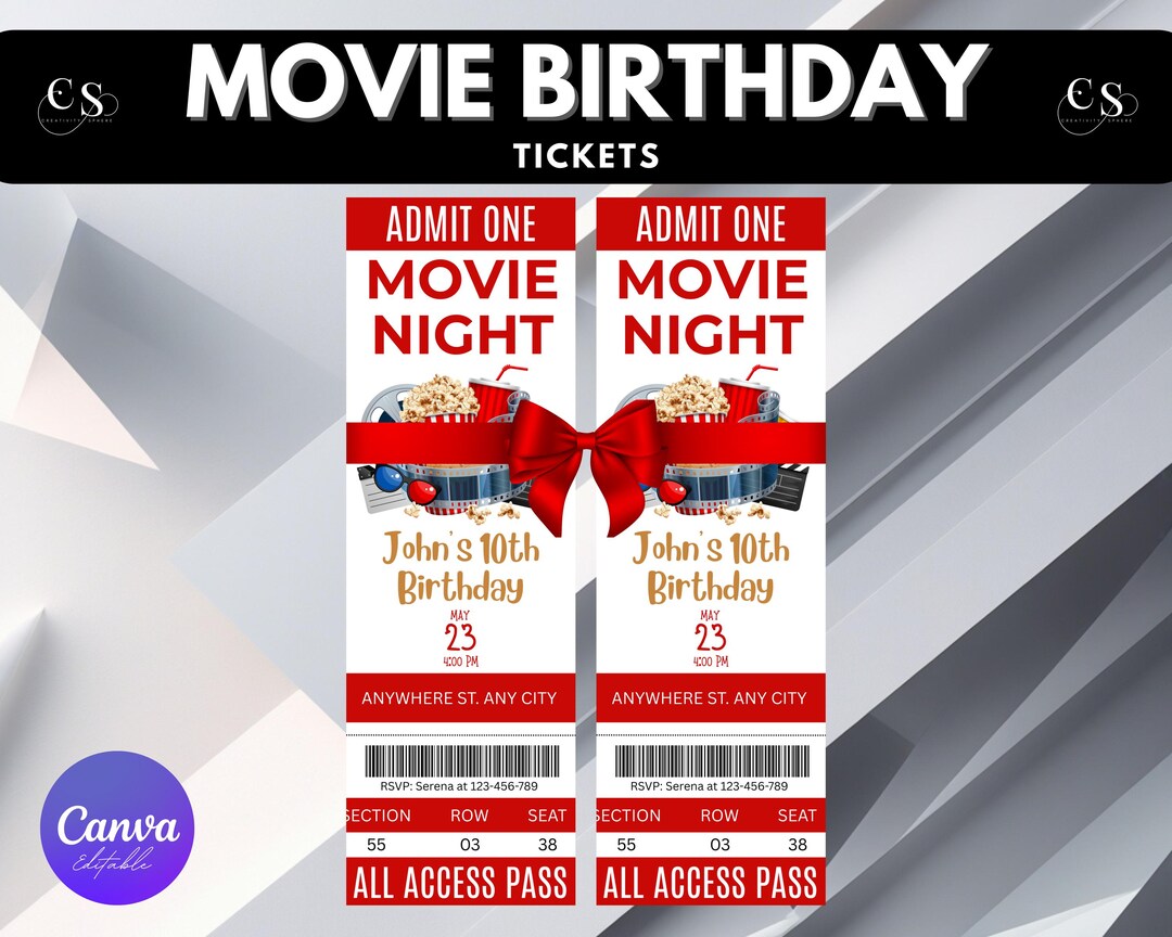 Movie Birthday Ticket Invitation: Cinema Party Evite (canva Editable ...