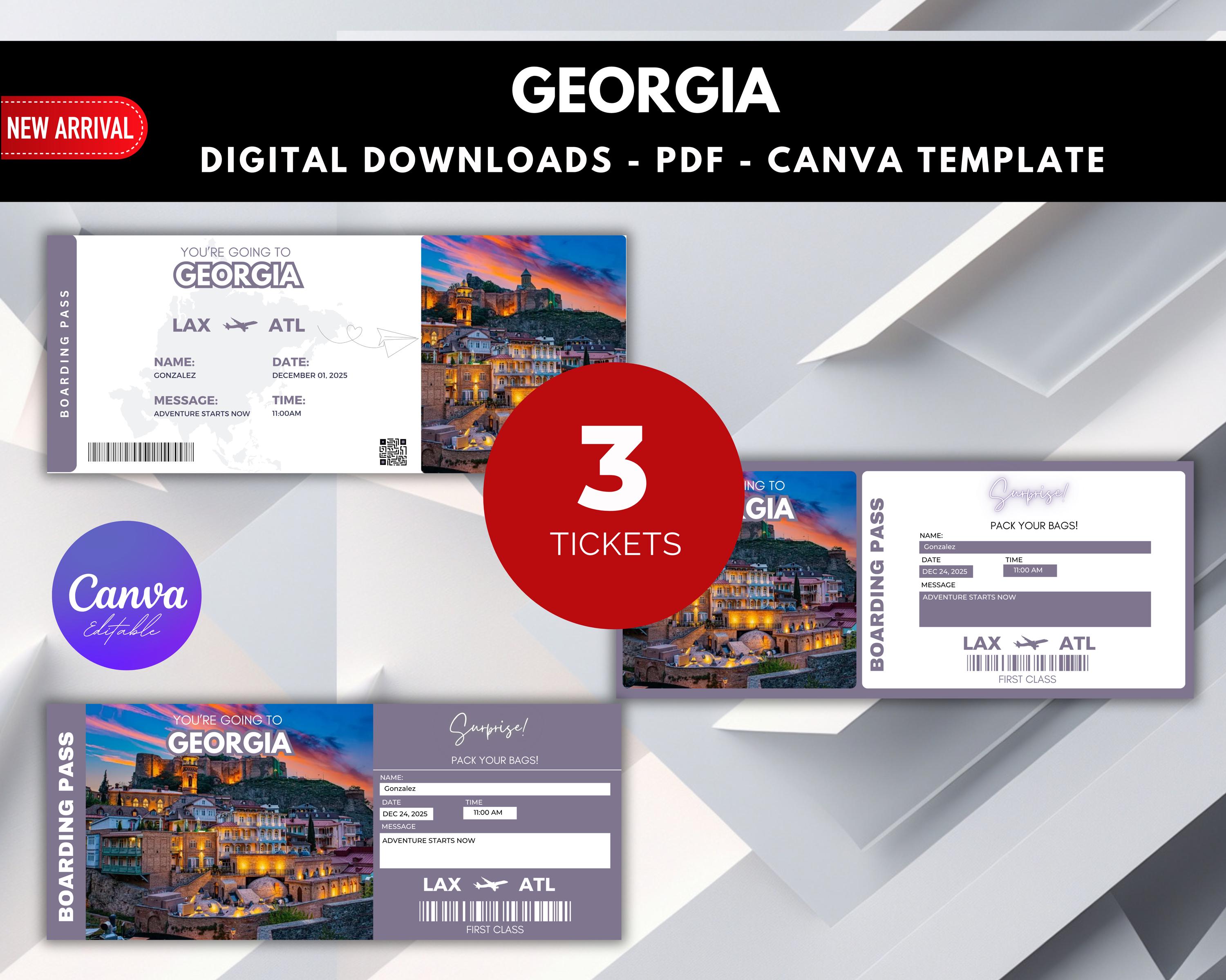 Editable Georgia Surprise Trip Ticket: Printable Boarding Pass (canva ...