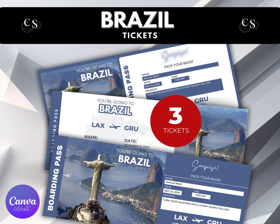 Editable Brazil Surprise Trip Ticket: Printable Boarding Pass (canva ...